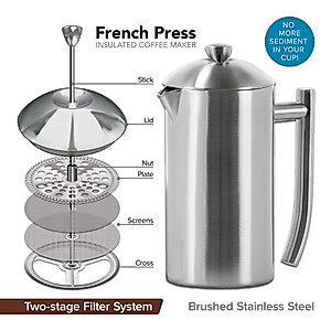 Frieling Double-Walled Stainless-Steel French Press Coffee Maker, Brushed, 23 Ounces