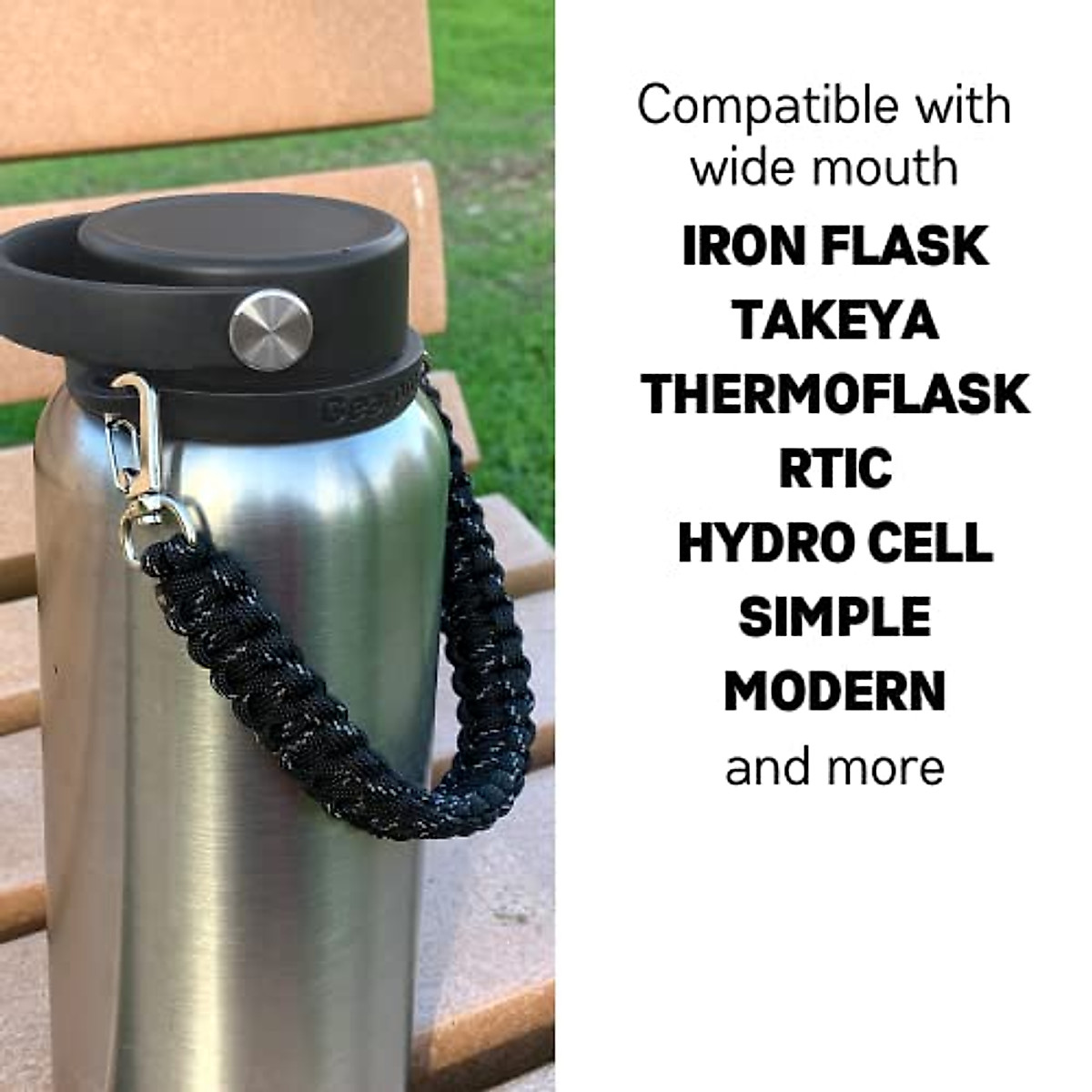 Gearproz Paracord Handle for Hydro Flask - Also Compatible with Iron Flask, Thermoflask, Takeya 12 to 40 oz Water Bottles - Accessories with Survival Cord Handle (Black)