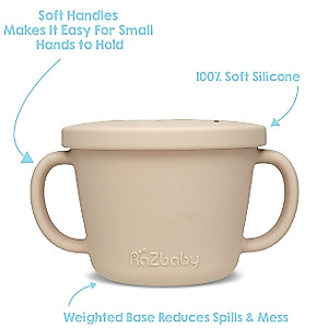 RAZBABY Oso-Snack 100% Silicone Snack Cup, 6M+, Spill-Proof Food Container w/Weighted Bottom, Easy to Hold for Baby & Toddler, Removable Lid, Easy to Clean, BPA-Free, Dishwasher Safe – Tan