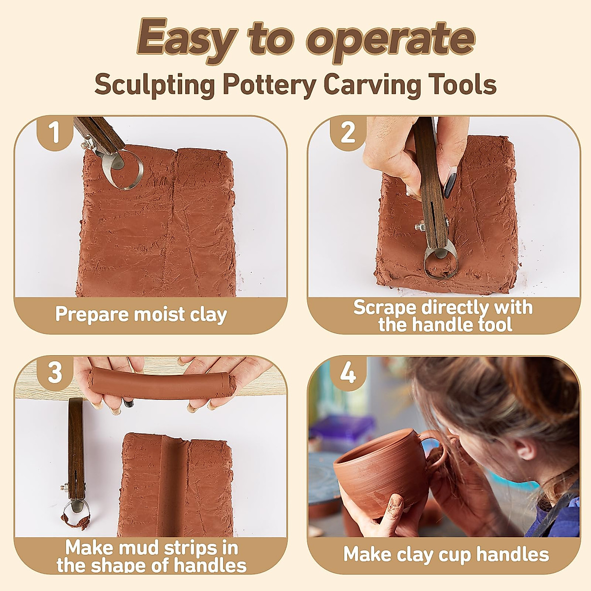 Therwen 5 Pieces Sculpture Scraper Clay Extruder Tool Pottery Carving Pottery Cup Handle Shape Tool Teacup Mug Handgrip Clay Cutters with Wooden Handle for Cup Making Ceramic Sculpture Craft