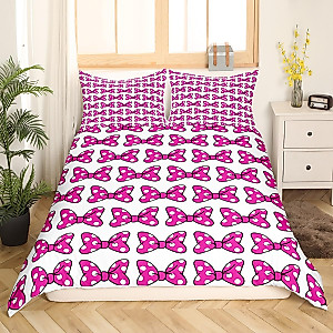 Bowknot Kids Duvet Cover Set Queen Size,White Dots Bow-tie Cartoon Bedding Set,Children Girls Women Room Decor,Princess Style Dreamy Comforter Cover,Rose Pink Romantic Quilt Cover,2 Pillowcases