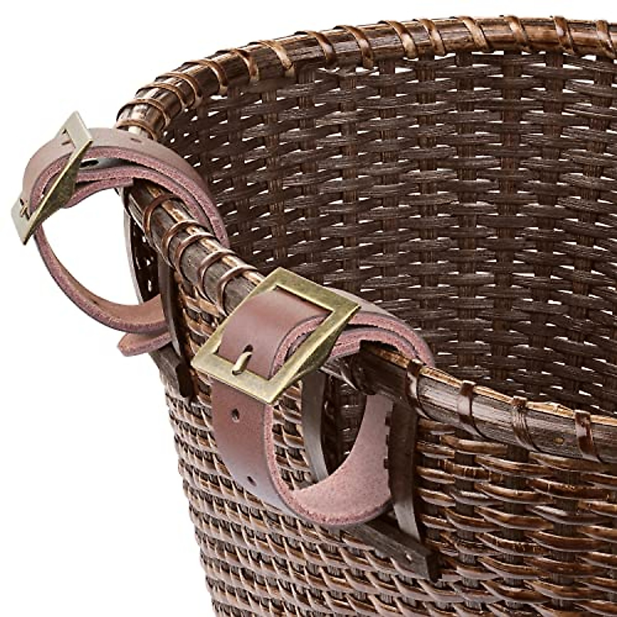 Retrospec Cane Woven Oval Dreamcatcher Basket with Authentic Leather Straps & Brass Buckles, Dark Stain