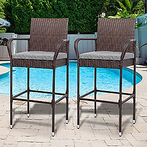 VINGLI Wicker Outdoor Bar Stools Set of 2 with Cushions, Patio Bar Chairs Bar Height, Outdoor Chair Set for Garden Pool Lawn Backyard