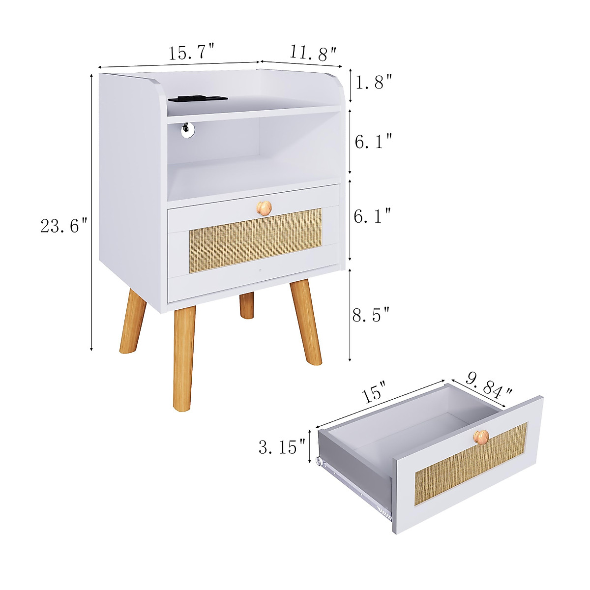 Gyger Nightstand Set of 2，Wood Nightstand with Charging Station，Bed Side Table with Rattan Decor Drawer，Small Night Table with Storage for Bedroom,White