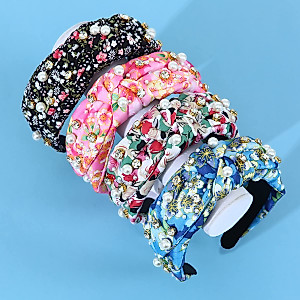 Crystal Knotted Headband Holiday Romantic Vintage Pearl Prints Women Knot Bow Floral Embellished Hair Bands