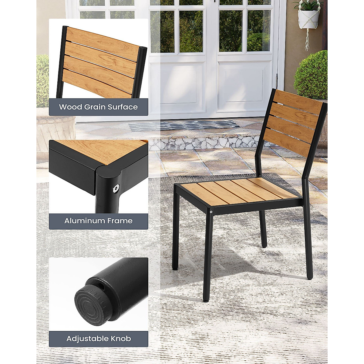 Pellebant Outdoor Stackable Dining Chair, Armless Patio Chair Set of 2, Aluminum Frame with Wood Plastic Composite Seat and Back, All Weather for Patio, Garden, Lawn, Deck, Porch and Yard, Teak Color