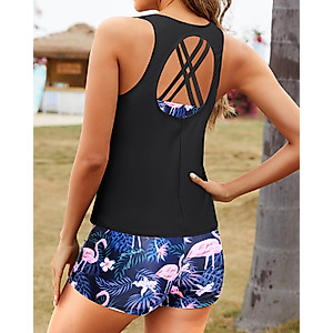 Yonique Tankini Swimsuits for Women 3 Piece Bathing Suits Swim Tank Top with Boy Shorts and Bra Modest Swimwear Black Flamingo L