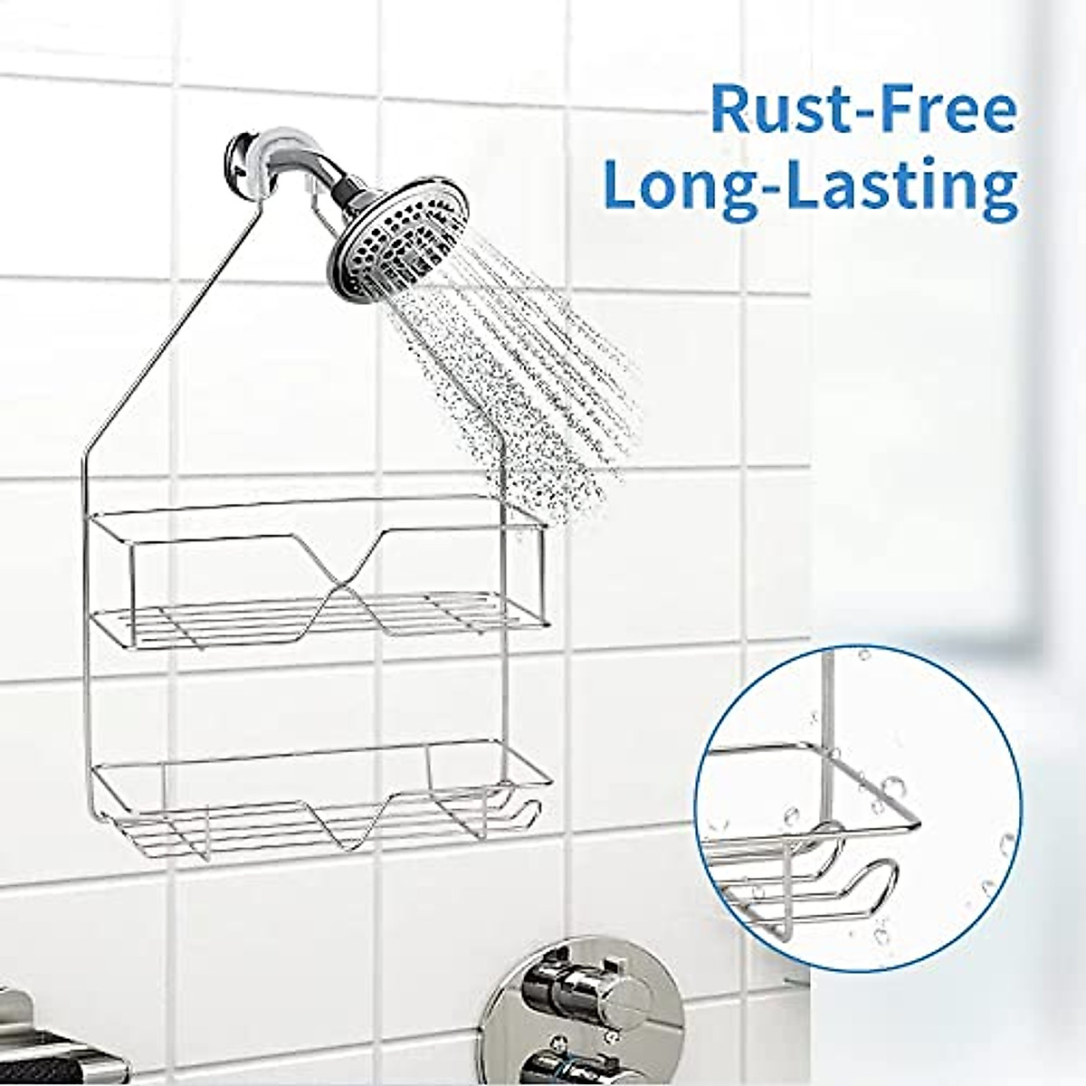 TreeLen Hanging Shower Caddy over Shower Head Bathroom Shower Organizer Rustproof with 4 Hooks for Razor Small Shampoo Racks for Shower Storage Shelf Holder-Chrome-Stainless Steel