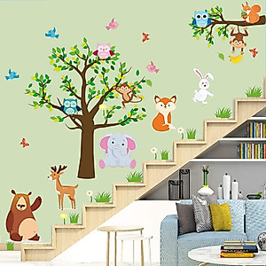 Supzone Jungle Animal Wall Stickers Forest Animal Tree Wall Sticker Owls Wall Decals for Kids Baby Nursery Playroom Bedroom Classroom Kindergarten Wall Decor