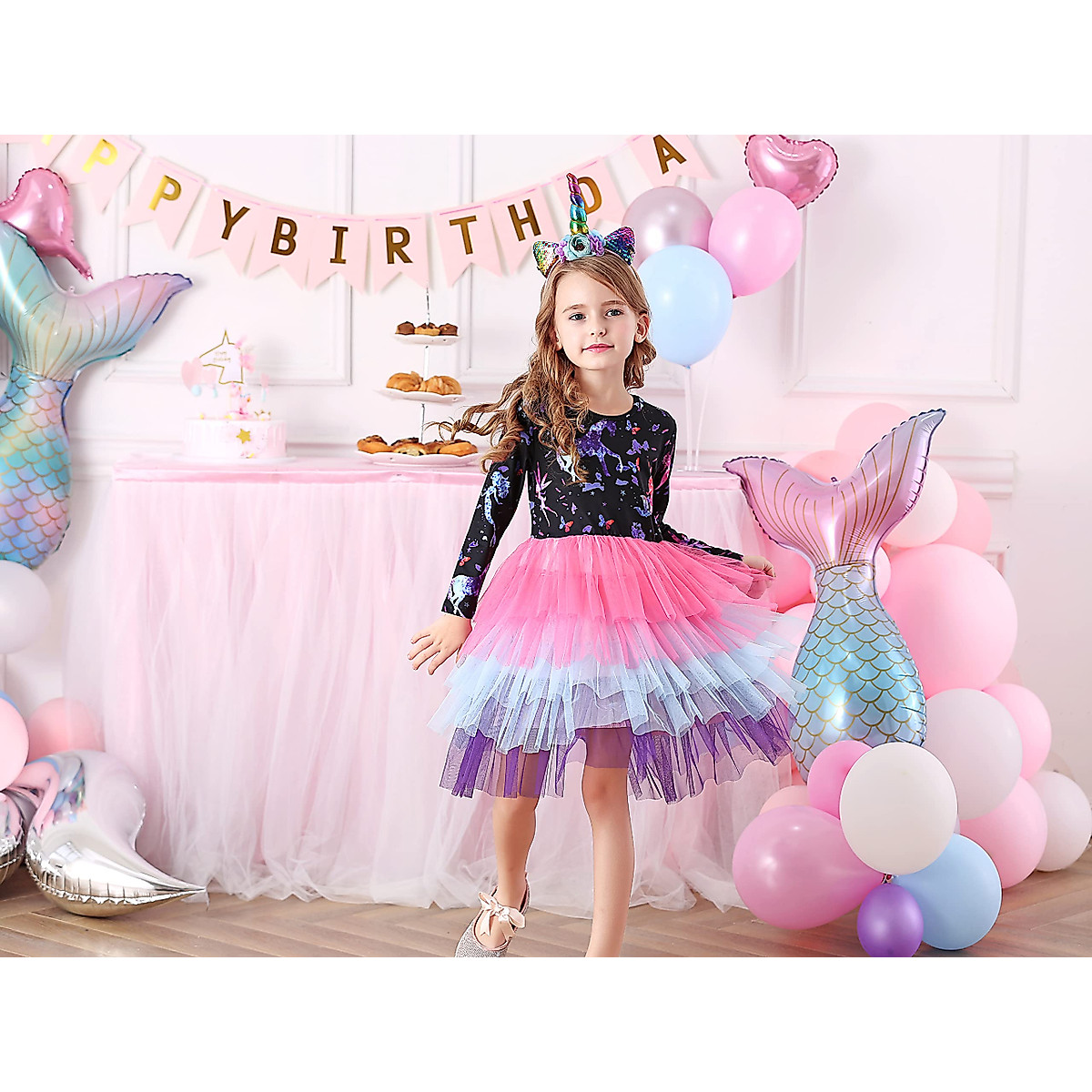 VIKITA Toddler Girls Dress Long Sleeve Cartoon Sweatshirt with Tutu for Birthday Party Dresses Outfit 5-6Y