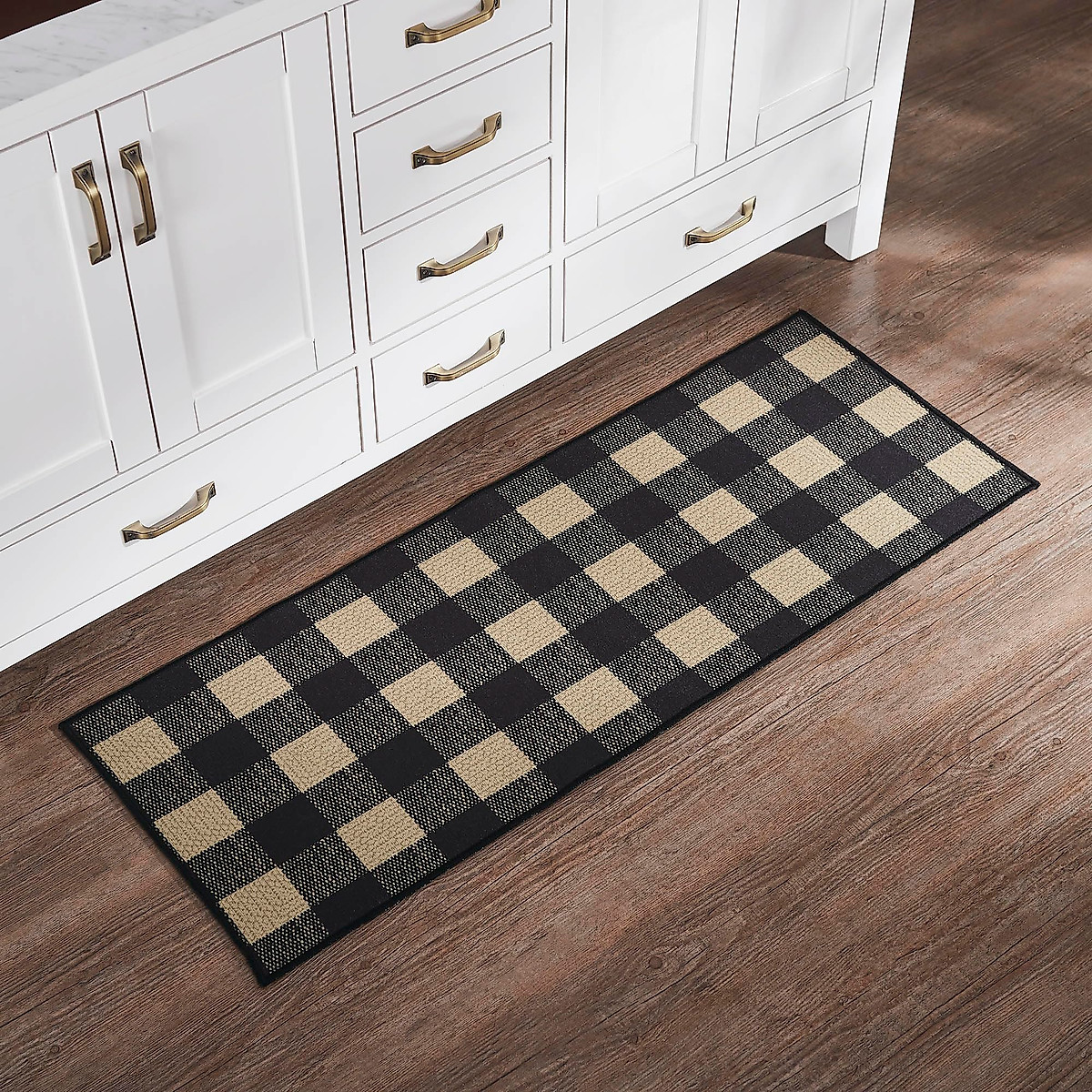 VHC Brands Black Check Indoor Rug Rect 17x48, Polyester Area Rug, Accent Rug, Floor Decor, Black Check Collection, Rectangle 17x48, Country Black