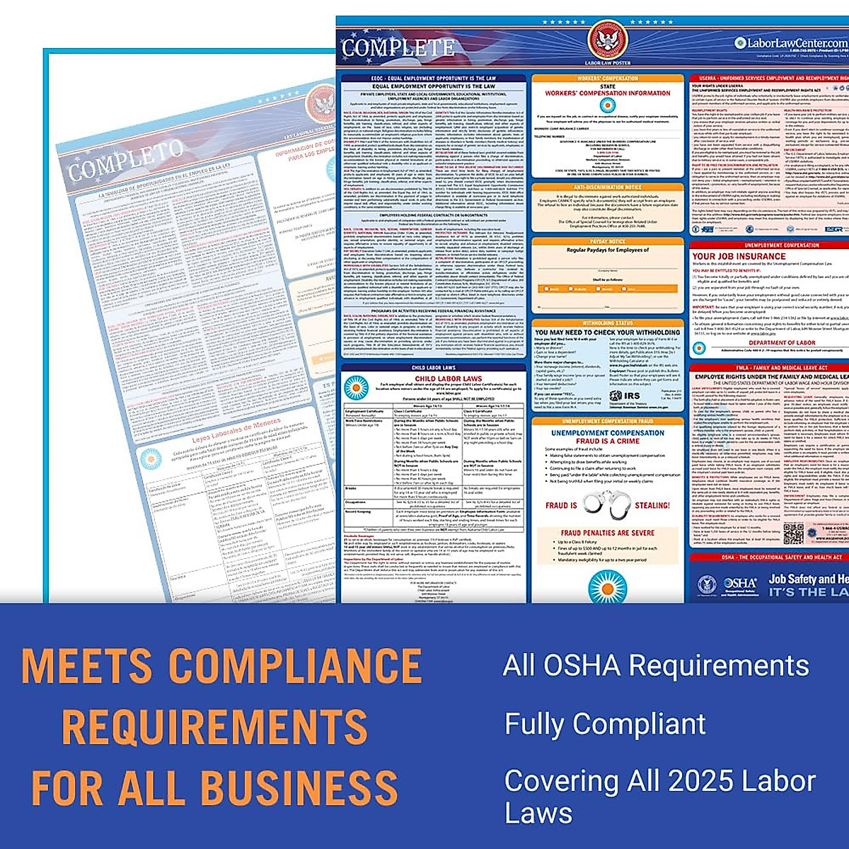 2023 California State & Federal Labor Law Poster - OSHA Workplace Compliant & Required - Current with Mandatory Updates for 2023 - UV Laminated & Waterproof - 25" x 39" (English)