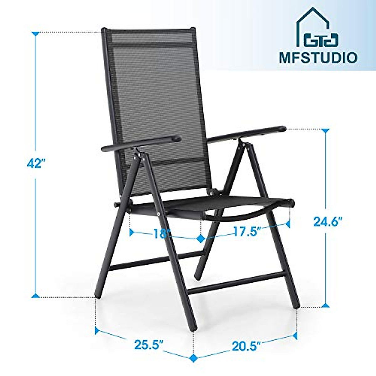 MFSTUDIO 2 PCS Folding Chairs with Arms,Portable Patio Dining Chairs with 7 Levels Adjustable for Outdoor & Indoor, Sling Back Chairs (Black)