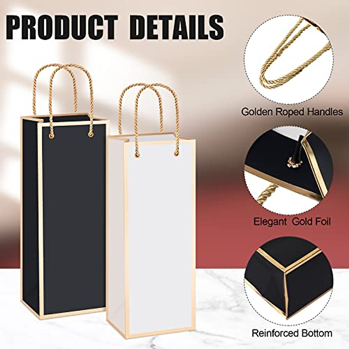 24 Pcs Wine Gift Bags for Wine Bottles Elegant White and Black Wine Gift Bags with Metallic Gold Foil Print Kraft Wine Gift Bags with Attractive Gold Rope Handles for Wedding Bottle