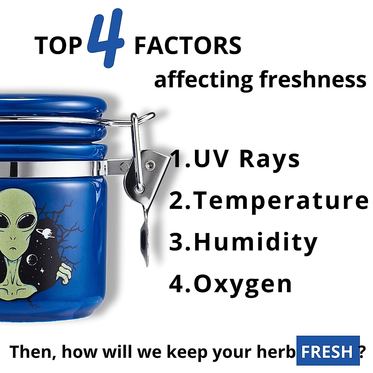 Alien Smell Proof Jar Half Oz (250ml), Separate Space for Humidity Pack To Keep Herbs Fresh For Months - Ceramic Smell Proof Containers, ET Stash Jar with Clamp Lid - Double Sealed Airtight Jar - Blue
