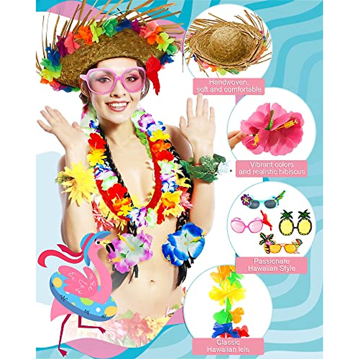SATINIOR 84 Pieces Hawaiian Luau Party Accessories Hawaiian Leis Bulk Beachcomber Straw Hat Luau Party Sunglasses Tropical Flower Hair Clips and Plastic Leis Set for Summer Beach Costume Supplies
