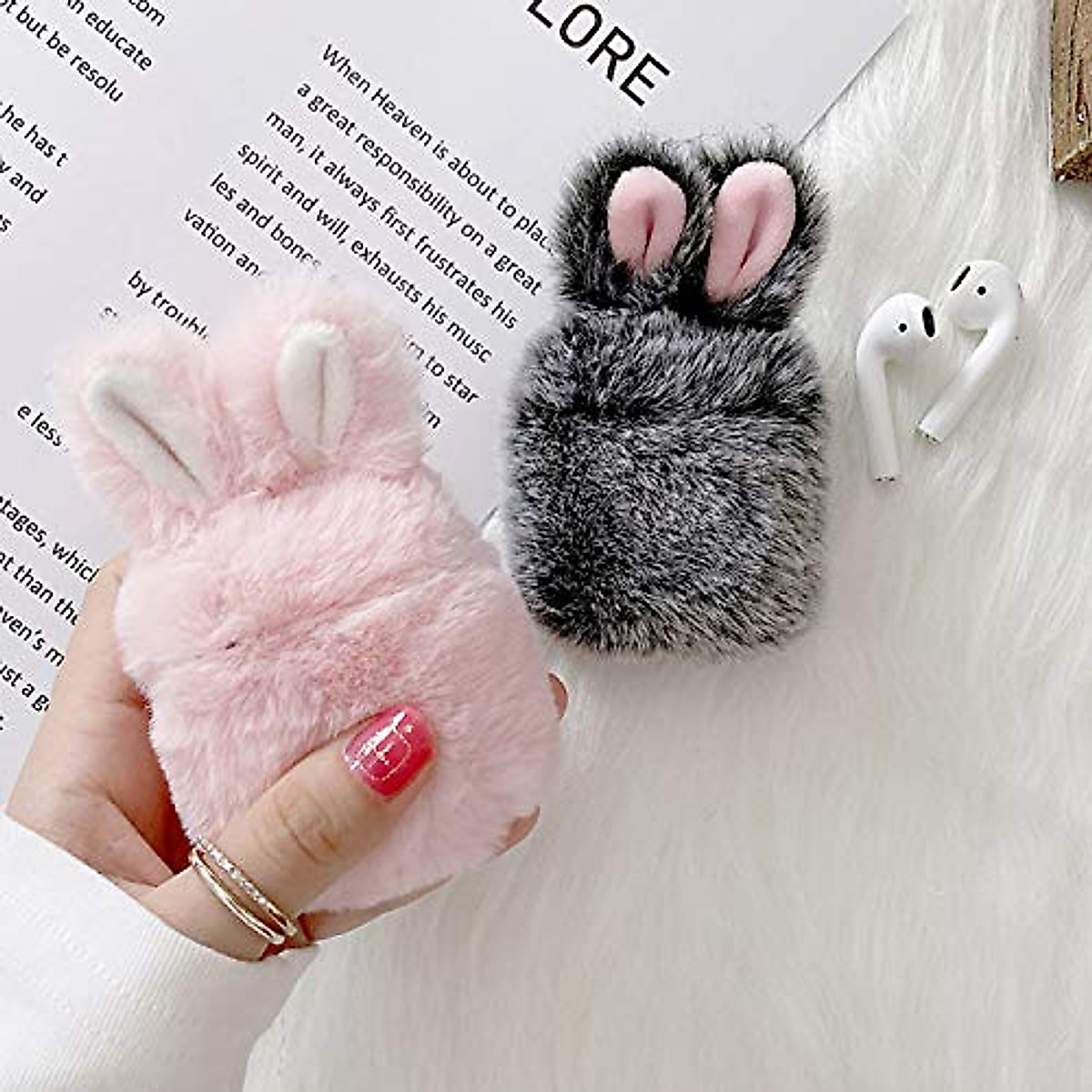Guppy Compatible with AirPods Furry Bunny Case Girls 3D Cartoon Cute Rabbit Ears Plush Fluffy Warm Carrying Case Soft Protective Case Cover Accessories for AirPods 1 & 2 Gray