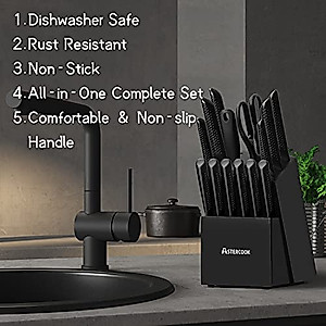 Knife Set, 15 Pieces Chef Knife Set with Block for Kitchen, German Stainless Steel Knife Block Set, Dishwasher Safe, Elegant Black