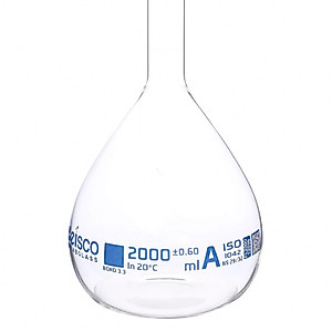 Eisco Volumetric Flask, 2000mL - Class A - Borosilicate Glass, Polyethylene Stopper, 29/32 Socket - QR Code Marking for Calibration Certificate