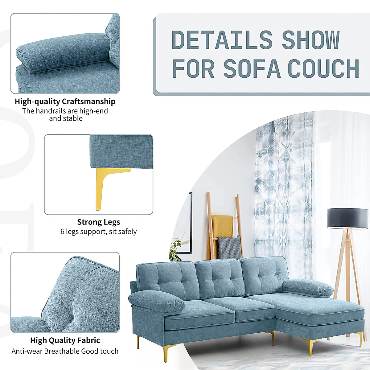 LEISLAND 79" Modern Sectional Sofa Couch for Living Room, Small Couches for Small Spaces, Chenille L Shaped Sofas with Solid Wood Frame, Detachable Cover, Attached Armrest(Light Blue)