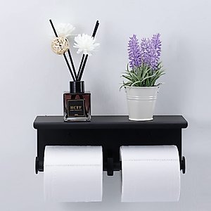 SCDGRW Matte Black Toilet Paper Holder with Shelf, 304 Stainless Steel Toilet Paper Holder Wall Mounted, Double Roll Tissue Holder Dispenser Bathroom Toilet Paper Holder