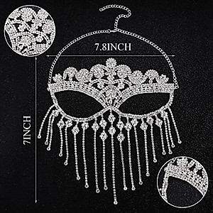 Amylove Heart Shape Tassel Evening Clutch Bag Silver Masquerade Tassel Mask Chain for Women Rhinestone Purse Face Jewelry for Wedding Party Cosplay