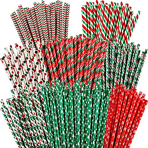 200 Pieces Christmas Paper Straws Striped Dot Drinking Straws Decorative Straws with Christmas Tree Star Snowflake Gift Crutches Pattern for Christmas Party Supplies, 8 Styles