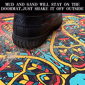 (2 PCS) Diatomaceous Earth Boho Half Round Indoor Outdoor Mat,Bohemian Red Blue Flower Entryway Rug,Rubber Backing Non Slip Door Mats,36''x24'' (r2)