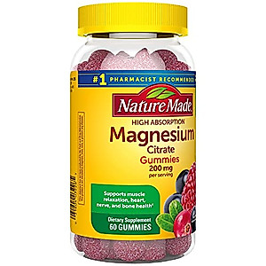 Nature Made High Absorption Magnesium Citrate 200 mg per serving, Dietary Supplement for Muscle, Nerve, Bone and Heart Support, 60 Gummies, 30 Day Supply