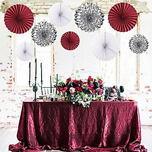 9PCS Burgundy Maroon White Silver Party Streamers Pom Poms Paper Flowers Hanging Party Fans Backdrop Graduation Bridal Wedding Shower Bachelorette Anniversary Birthday Party Décor