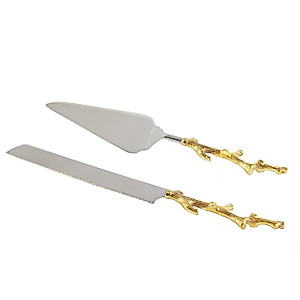 RS Accessories LLC Server Set, Cake, Pie, Desert Flatware Set, Tree Branch Design, 2-Piece 18/10 Stainless Steel with Brass Handles (Light Antique Gold Finish)…