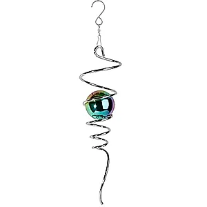 OMCCHK Gazing Ball Spiral Tail Wind Spinner Stabilizer,Stainless Steel Metal Garden Decor with Swivel Hook & Multi Color Sphere,Mirror Orb Silver Helix Hanging Outdoor Indoor Twister Art Ornaments