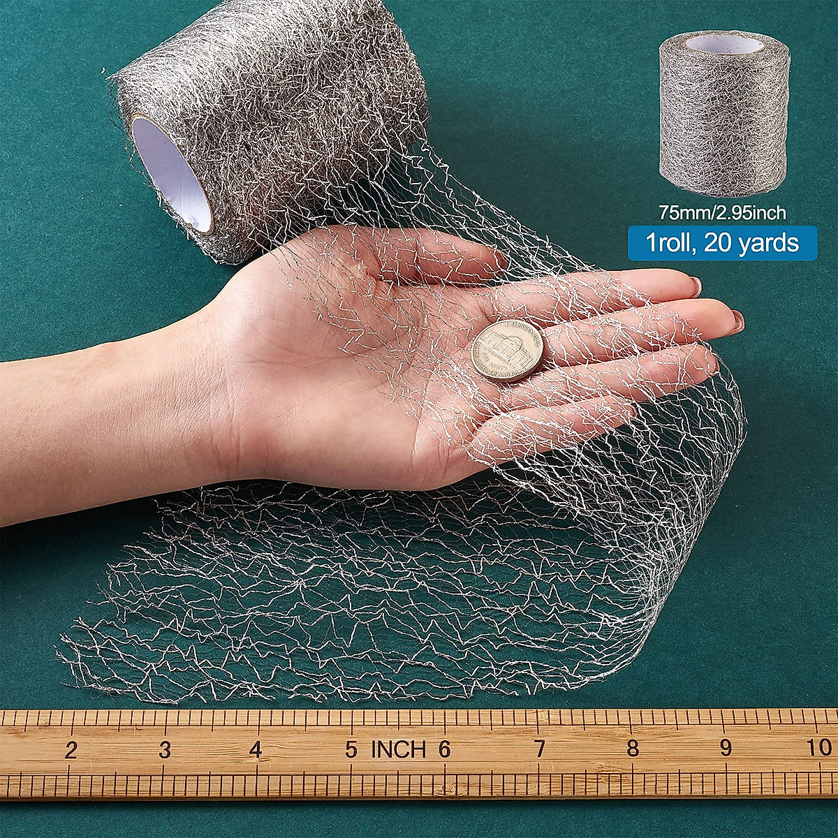 KISSITTY 1 Roll/20 Yards Silver Spiderweb Netting Fabric 75mm Tulle Mesh Fabric Roll Big Hole Tulle for Skirt Flower Poms Wrap Packing DIY Handmade Crafts