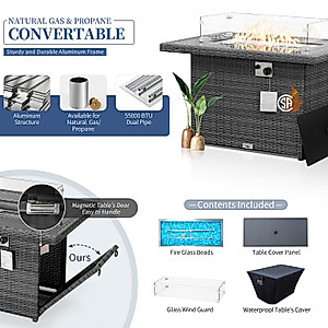 NICESOUL 10 Piece Modern Outdoor Patio Furniture Set with Firepit Natural Gas Propane Convertible, 29.3'' High Back Extra Large Size Wicker Conversation, Deep Wide Comfortable Couch for Outside, Grey