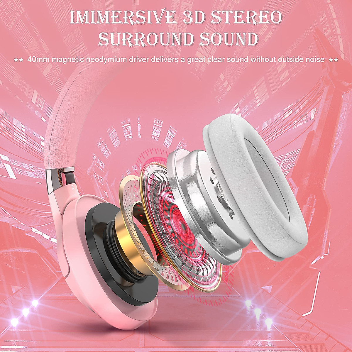 HOLULU Foldable Pink Gaming Headset Compatible with PS5 PS4 PC Mobile Phone Tablet Xbox One(Adapter Not Included), with Detachable Noise Canceling Mic, 3.5mm & USB C Plug, for Adults & Kids