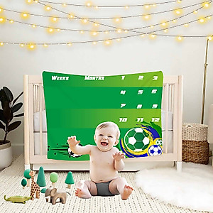 KIKIDOR Soccer Theme Baby Monthly Milestone Blanket Football Field Sports Newborn Boy Baby Shower Photo Background Props Nursery Decor Personalized Growth Chart Flag Blanket 48x40inch BTYYKI010