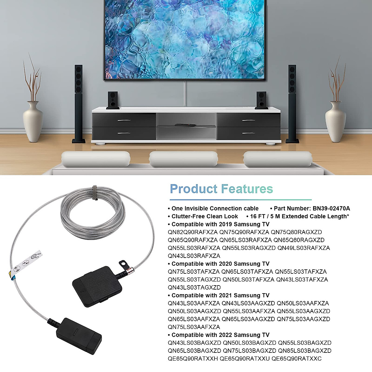 BN39-02470A for Samsung One Connect Cable QN43LS03RAF QN43LS03TAF QN49LS03RAF QN50LS03TAF QN55LS03RAF QN55LS03TAF QN65LS03RAF QN65LS03TAF QN65Q90RAF QN75LS03TAF One Connect Cable for Samsung TV 16FT