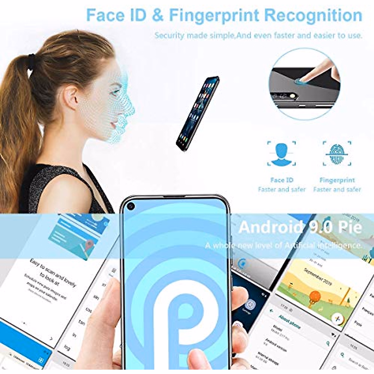 OUKITEL C17pro,Android Unlocked Phone Triple Camera Octa-Core 64GB ROM+4GB RAM 3900 mAh Unlocked Cell Phone 6.35 inch HD+ Display Android 9.0 Pie 4G Smartphone(Ice Blue)