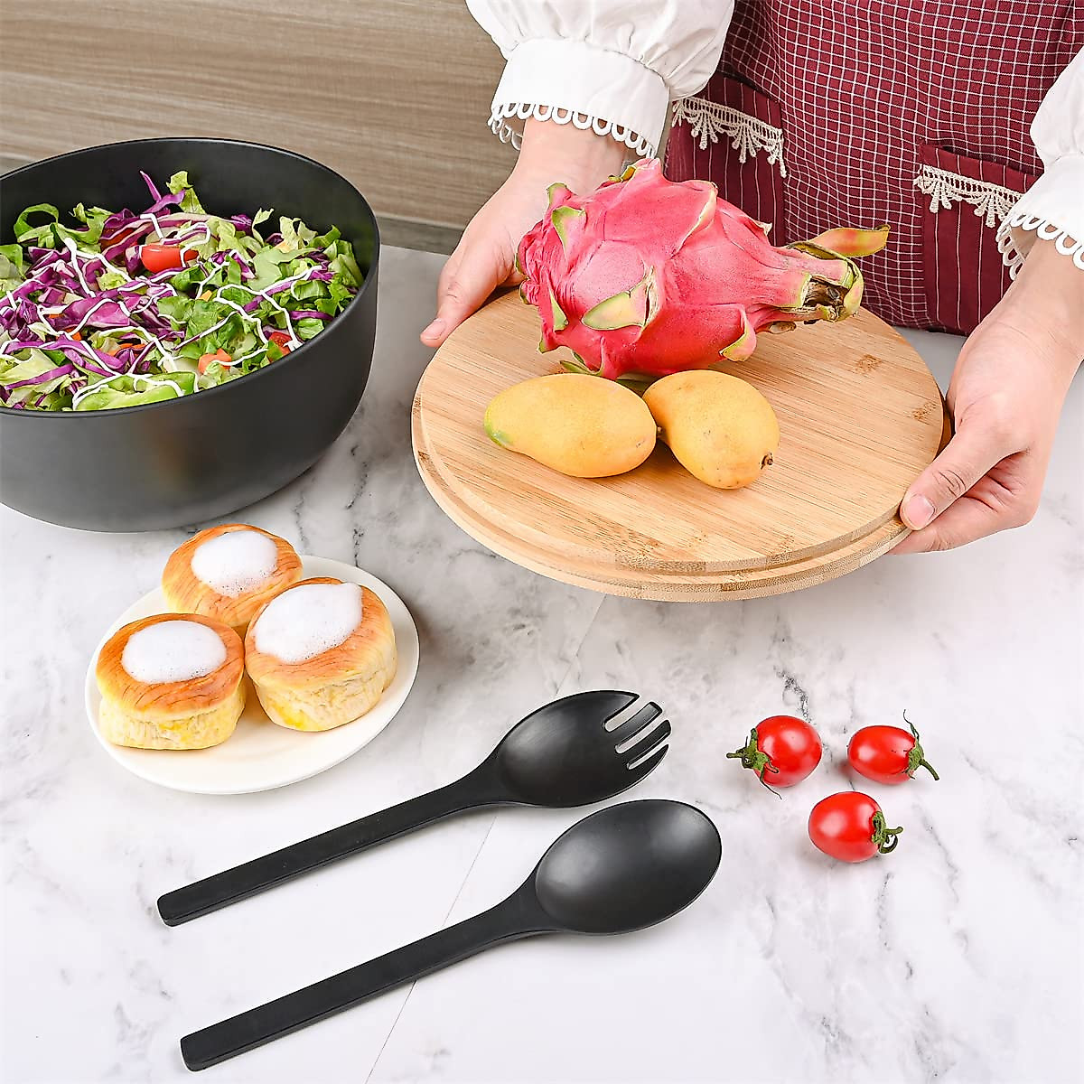 LOVYANXUE Salad Bowl with Lid, 9.8" Large Salad Bowl Set with Lid Spoon Fork, Natural Bamboo Fiber Salad Bowl and 4 small Bowls for Salad, Fruits, Vegetables, Pasta, Popcorn
