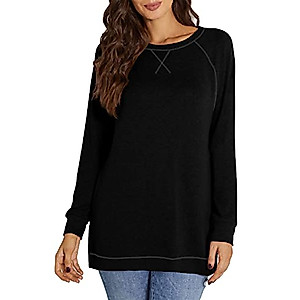NILOUFO Womens Long Sleeve T Shirts Casual Blouses Trendy Tops Side Split Tunics(Black, X-Large)