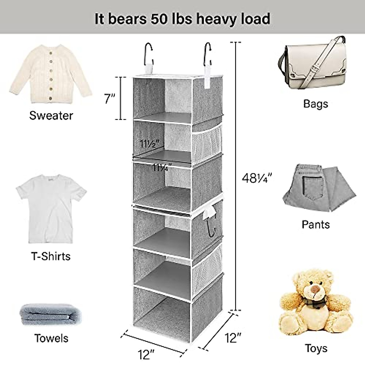 StorageWorks 6-Shelf Hanging Closet Organizers, 3-Pack Large Closet Organizers with Handles