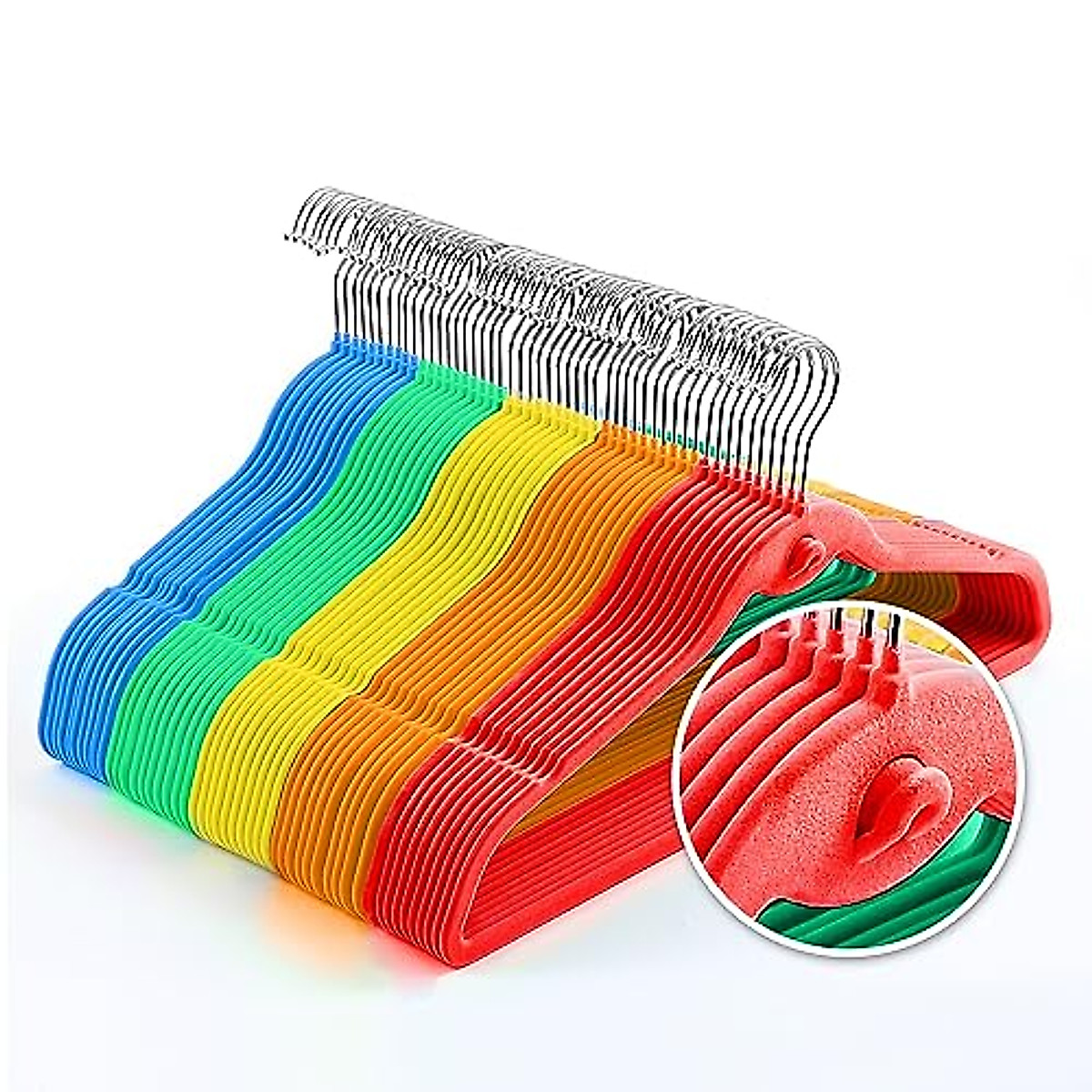 Multi-Color Premium Velvet Hangers with Mini Hooks, Pack of 50, Non Slip, Space Saving Cascading Clothes Hangers, Rainbow Colors, Red, Orange, Yellow, Green, Blue