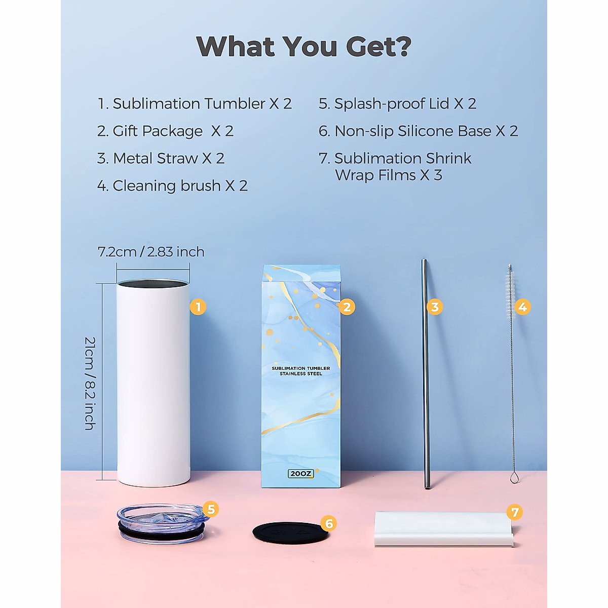 Hiipoo 2 Pack Sublimation Tumblers Bulk 20 oz Skinny, Stainless Steel Double Wall Insulated Straight Sublimation Blanks Tumbler Blank White Cup with Heat Transfer