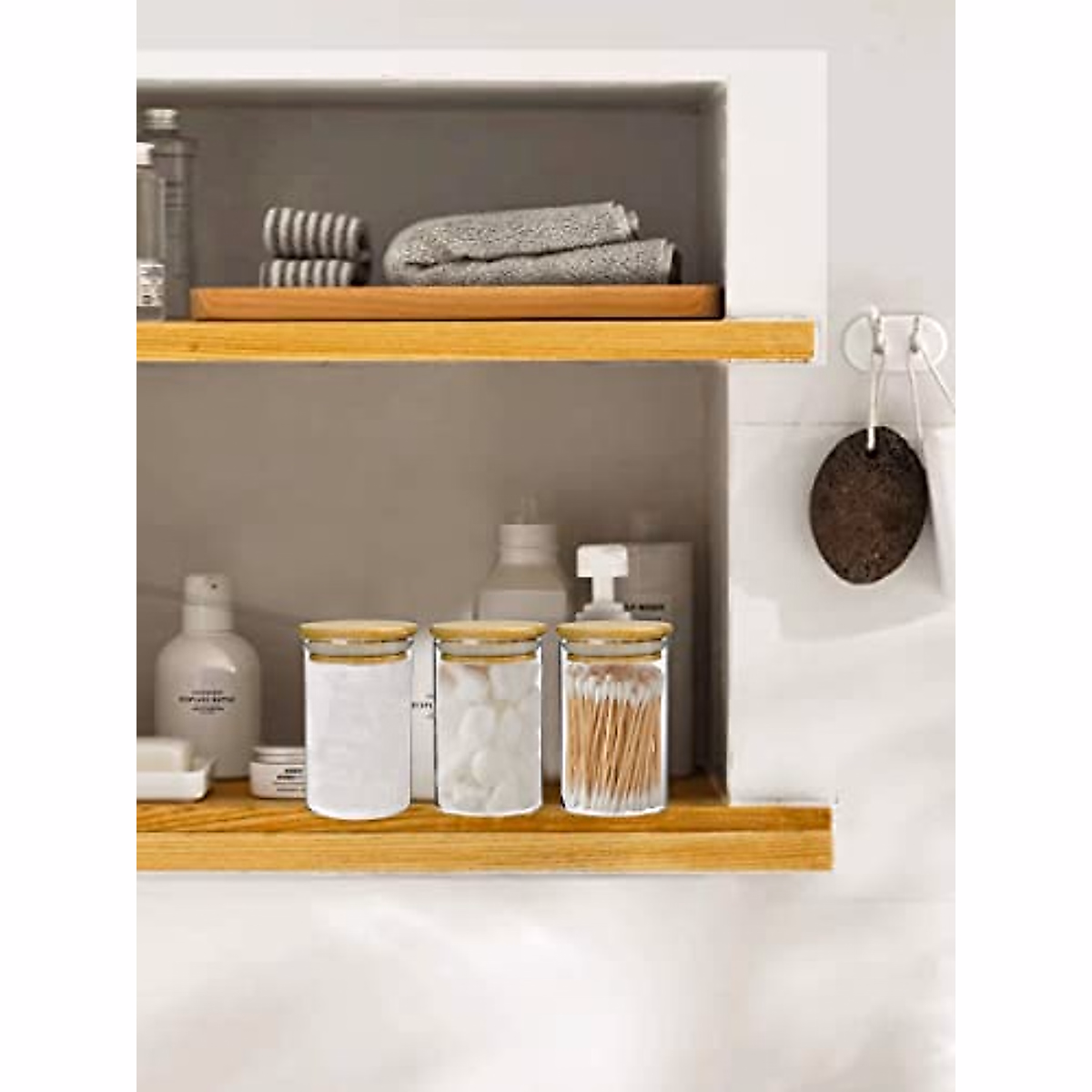 Dourami Qtip Holder for Cotton Ball,3 PCS,Cotton Swab,Apothecary Jars,Glass Bathroom Accessories,Bathroom Organizer Set With Bamboo Lid,Vanity Organizer And Storage,Vanity Makeup Organizer
