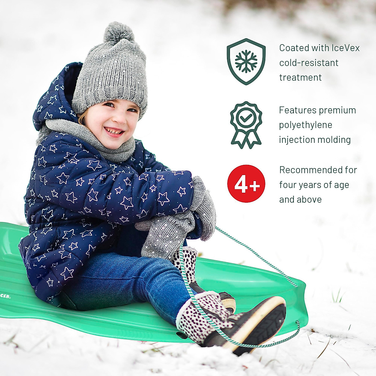 Slippery Racer Downhill Xtreme Flexible Adults and Kids Plastic Toboggan Snow Sled for up to 2 Riders with Pull Rope and Handles, Green