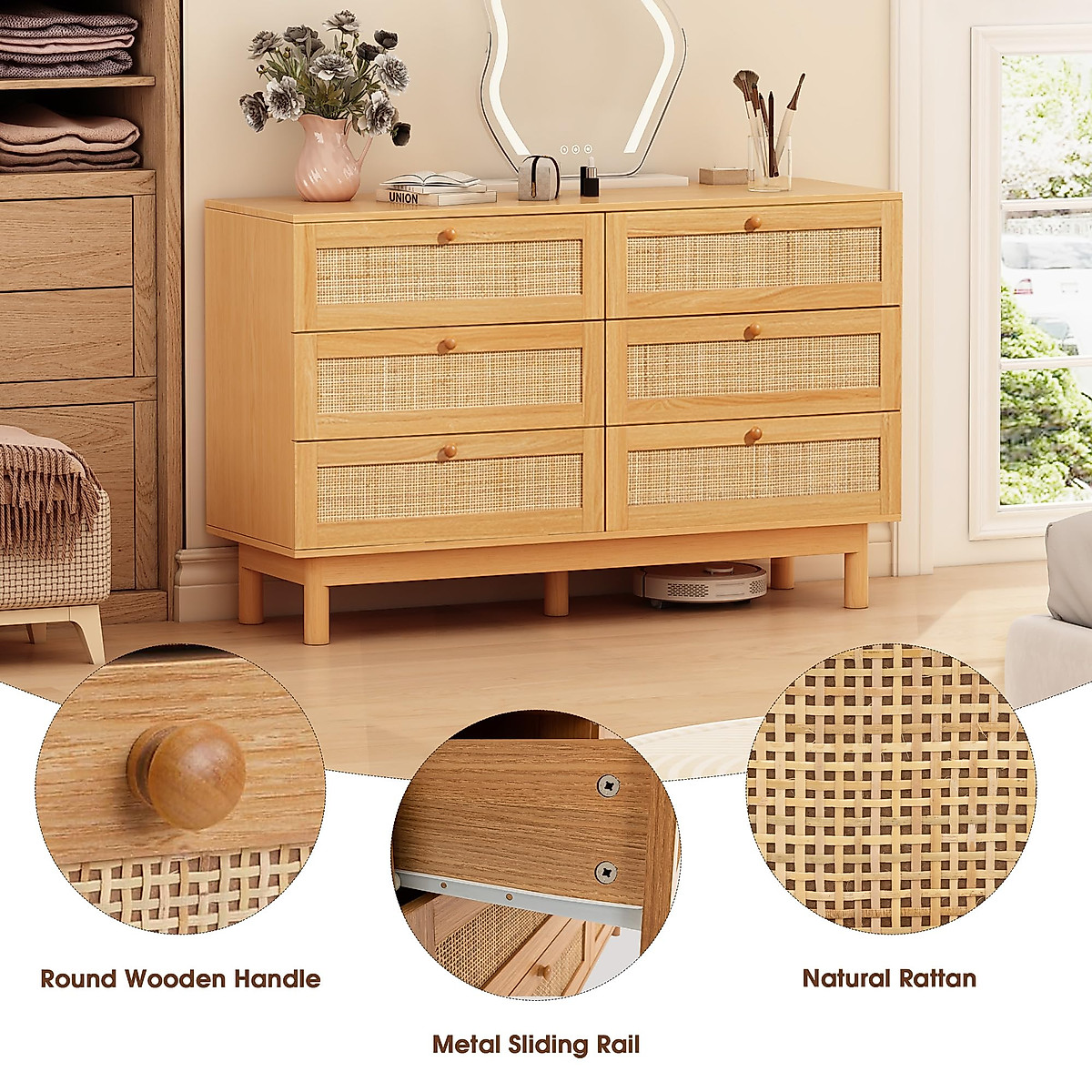 DHMAKER 6 Drawer Rattan Dresser, 48" Modern Double Dresser for Bedroom, Wide Chest of Drawers, Wood Storage Cabinet for Bedroom, Entryway, Living Room, Hallway