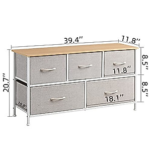 Somdot Dresser for Bedroom with 5 Drawers, Wide Storage Chest of Drawers with Removable Fabric Bins for Closet Bedside Nursery Living Room Laundry Entryway Hallway, Grey/Natural Maple