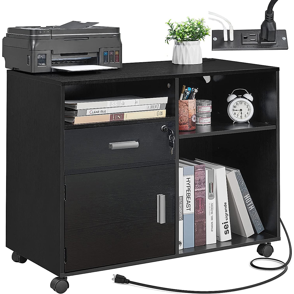 ANWBROAD Mobile File Cabinet with Charging Station & USB Ports, Rolling Printer Stand Filing Cabinets Lockable Storage Cabinet with Open Storage Shelves Drawers Home Office UBJG001H