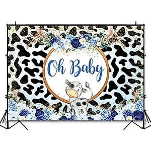 Avezano Milk Cows Baby Shower Backdrop Oh Baby Sign Baby Shower Party Decorations Blue Cow Stripes Floral Backdrops Cake Table Banners Boys Photography Backdground (7x5ft)