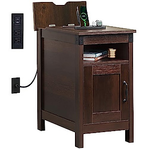 WLIVE End Table with Charging Station, Side Table with USB Ports and Outlets, Narrow Side Table for Small Spaces, Living Room, Couch, Nightstand with Storage, Espresso